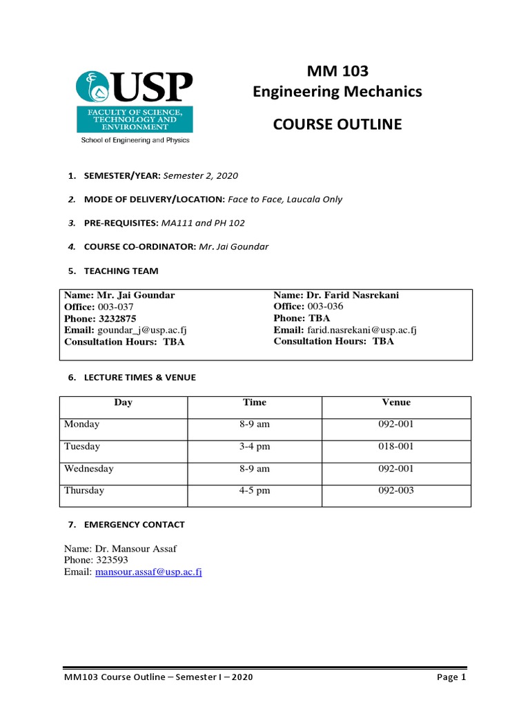 MM 103 Engineering Mechanics Course Outline | PDF | Force | Educational ...