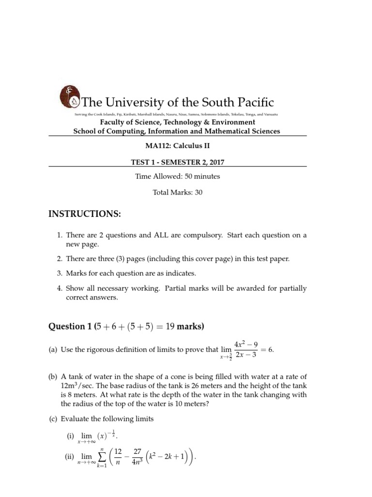 MA112 Test 1 2017 PDF | PDF | Analysis | Geometry
