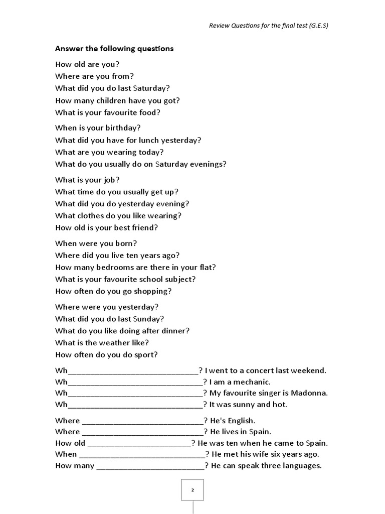 English Review Questions For The Final Test GES | PDF