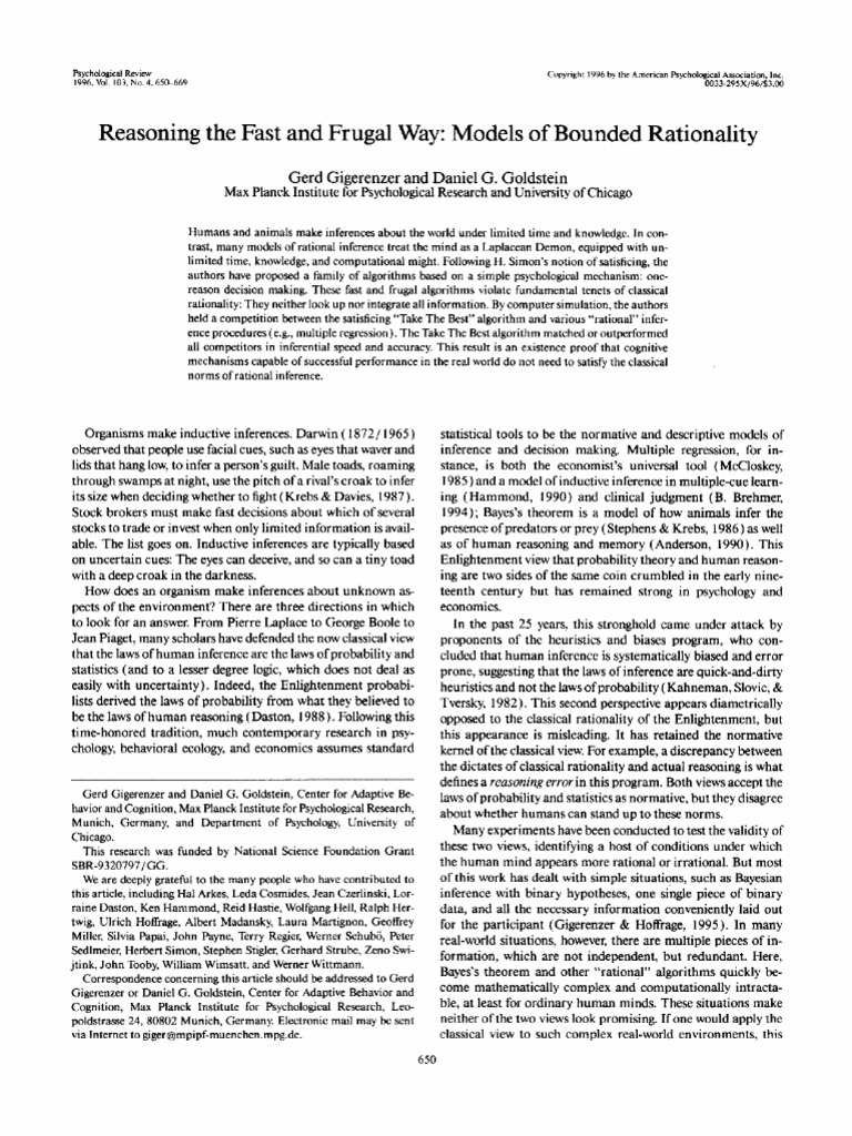 Reasoning The Fast and Frugal Way: Models of Bounded Rationality | PDF ...