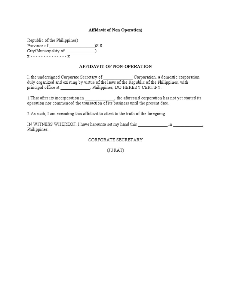 Affidavit of Non-Operation for Corporations | PDF | Government ...