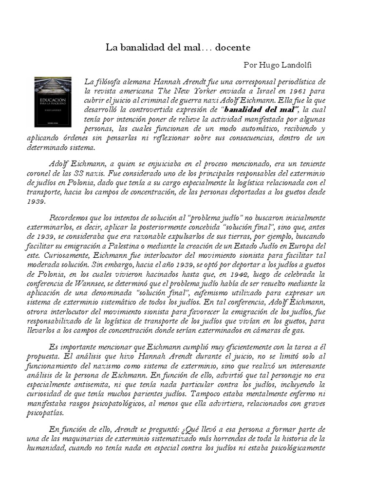 La Banalidad del Mal en la Educación | PDF | Hannah Arendt | Filosofía
