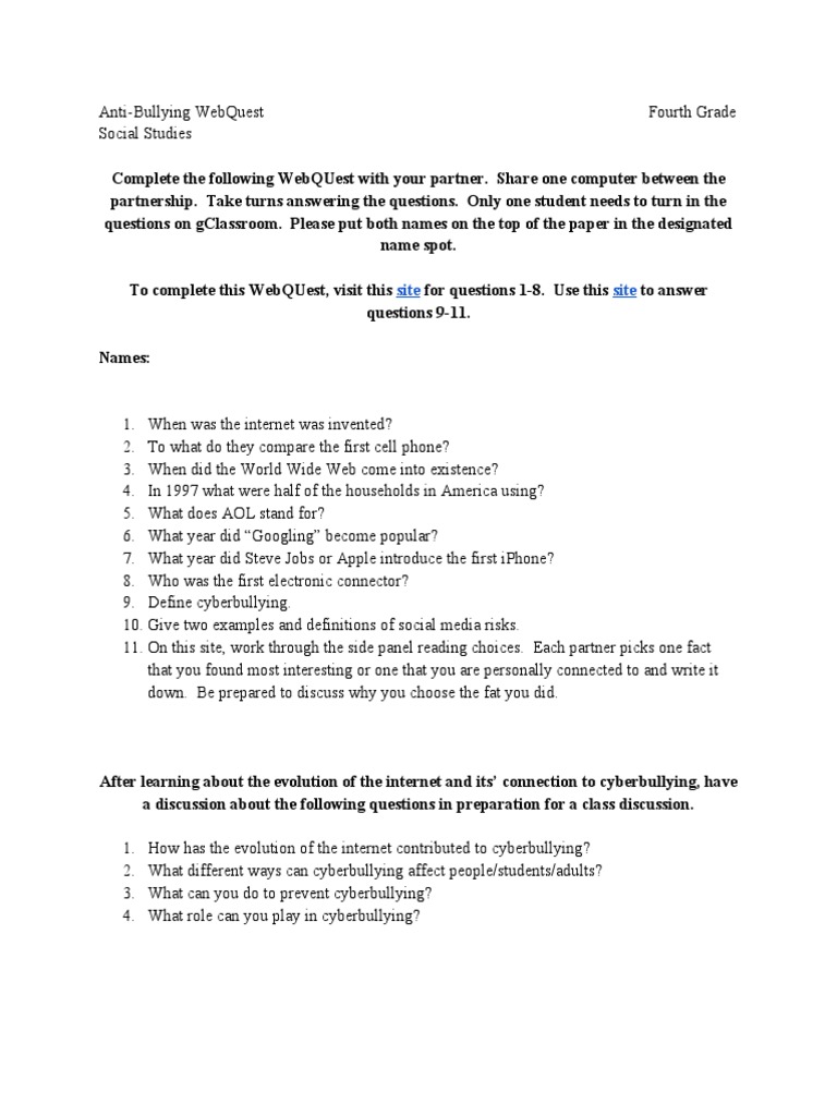 Ss Anit-Bullying Webquest | PDF