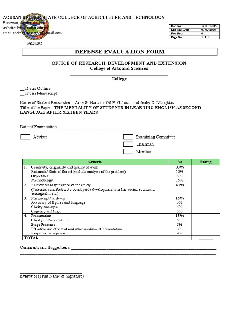 Defense Evaluation Form: Office of Research, Development and Extension ...