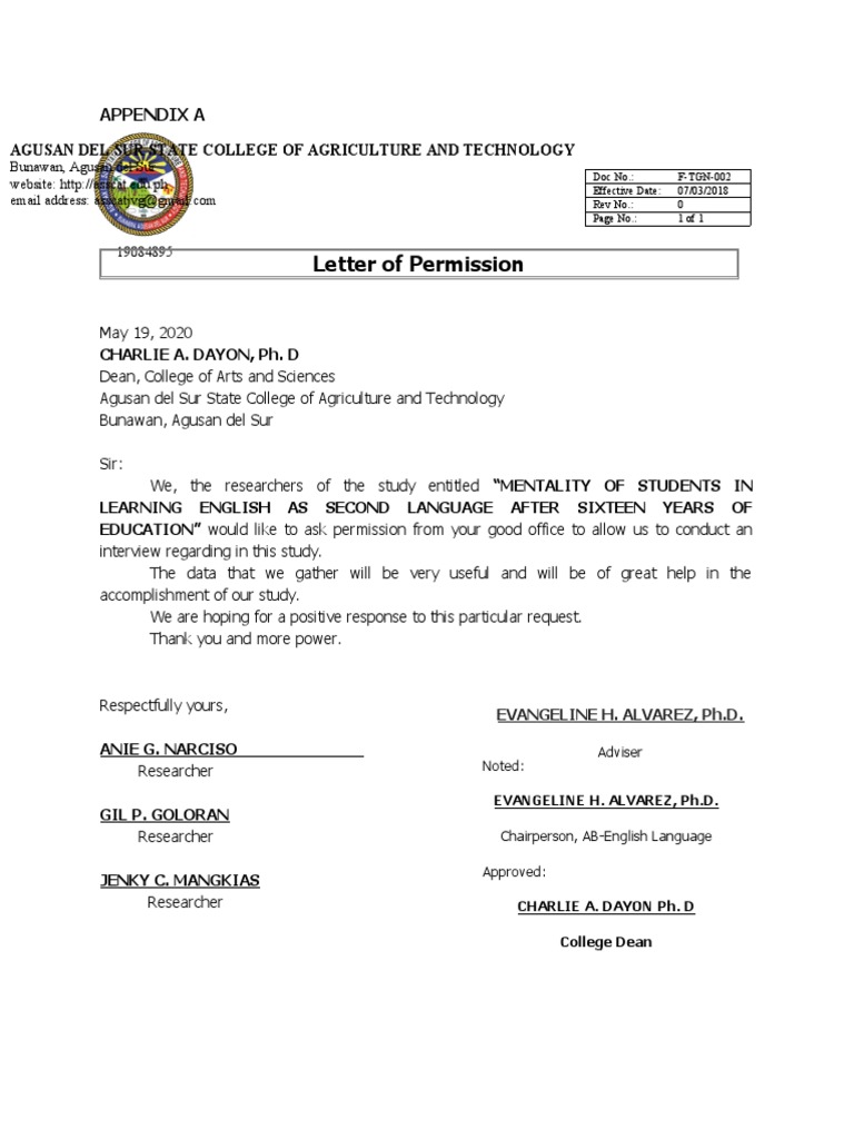 Letter of Permission: Appendix A | PDF