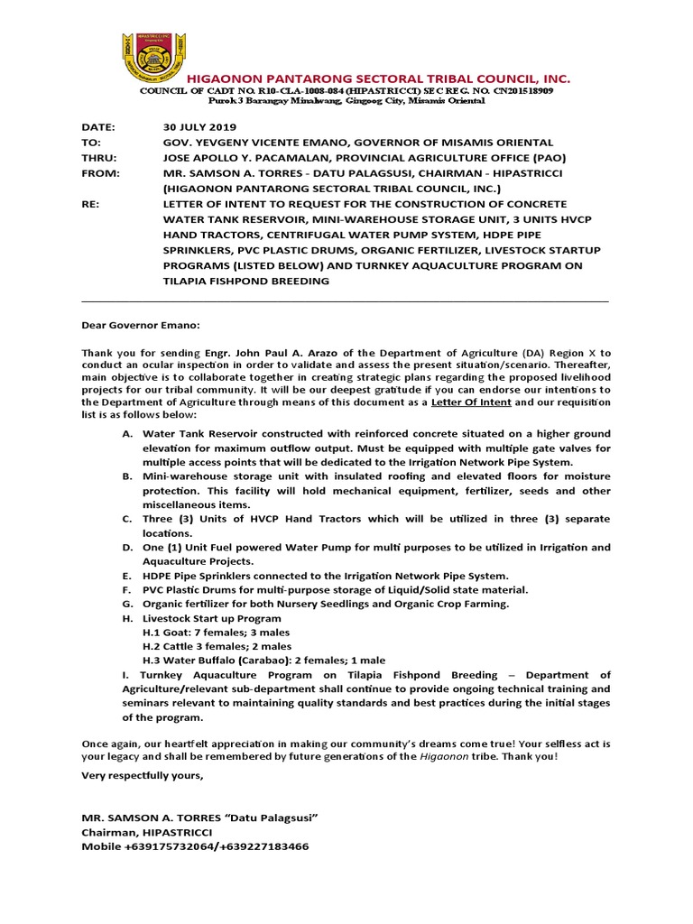 Letter of Intent | PDF | Irrigation | Agriculture