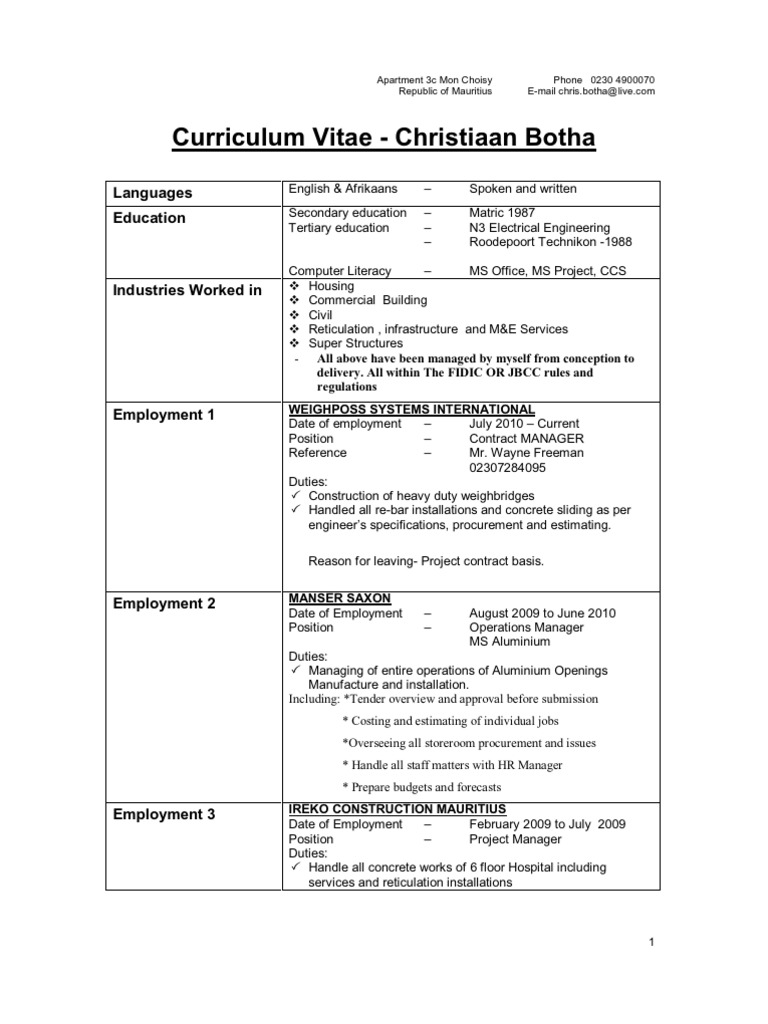 CV - Chris Botha | PDF | Employment | Engineering