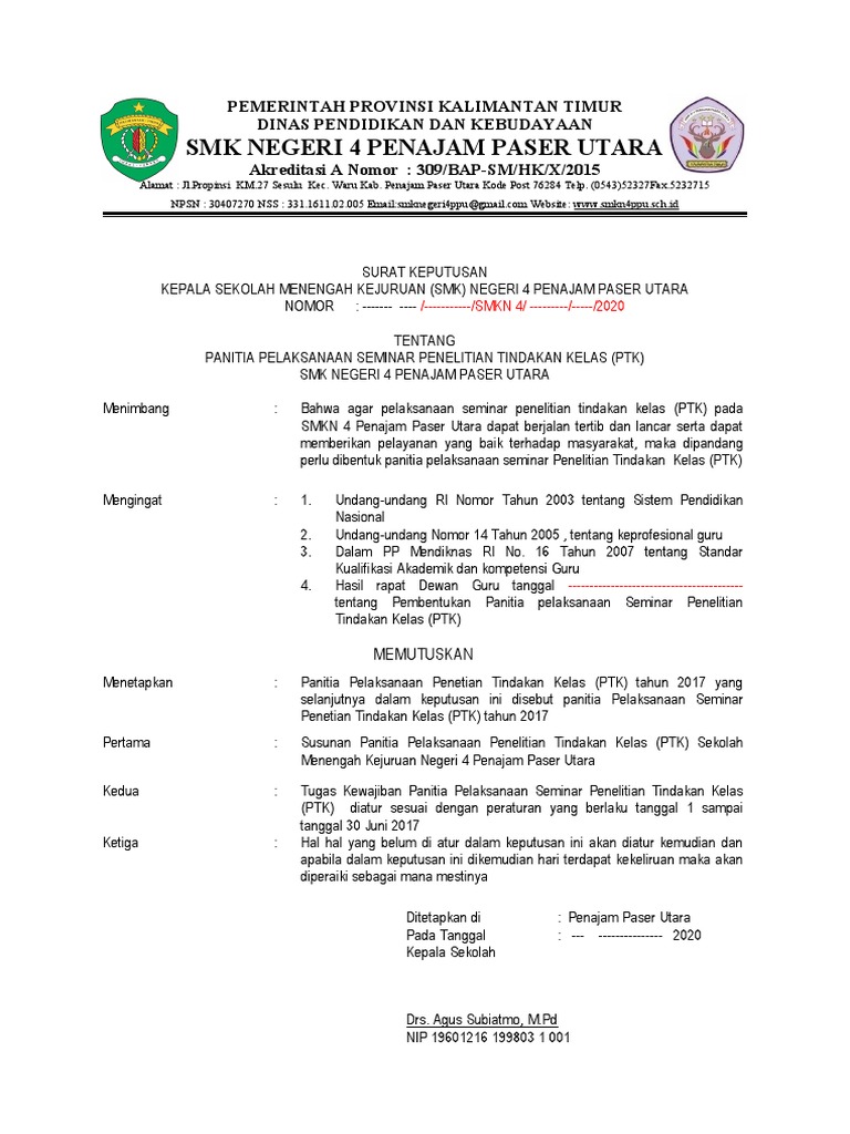 SK Panitia Seminar PTK SMK Negeri 4 | PDF