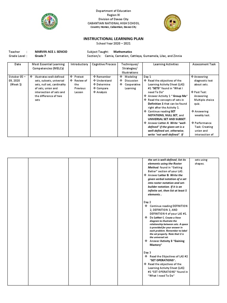 Instructional Learning Plan ILP Math PDF | PDF | Set (Mathematics ...