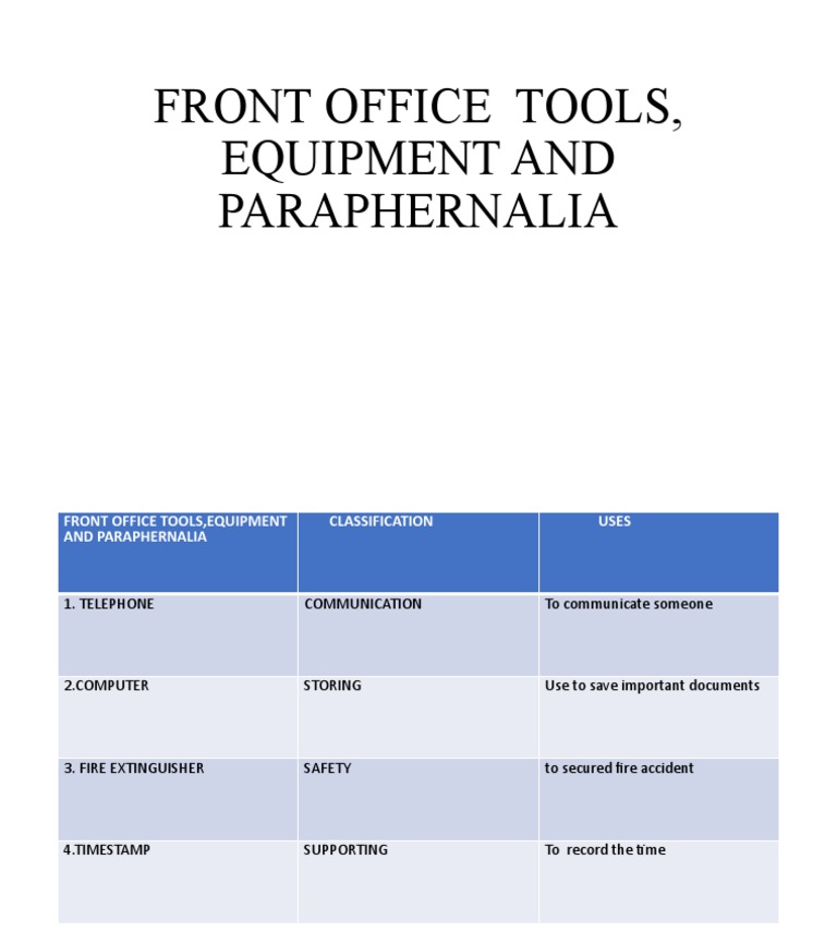Front Office Tools, Equipment and Paraphernalia | PDF