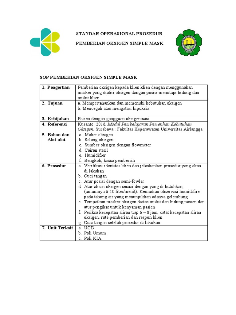 Sop Pemberian Oksigen Simple Mask | PDF