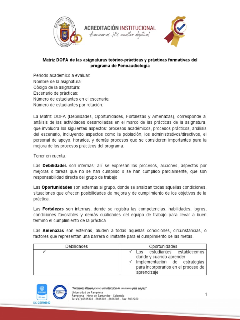 Formato DOFA Fonoaudiologia Oportunidades | PDF | Análisis FODA ...