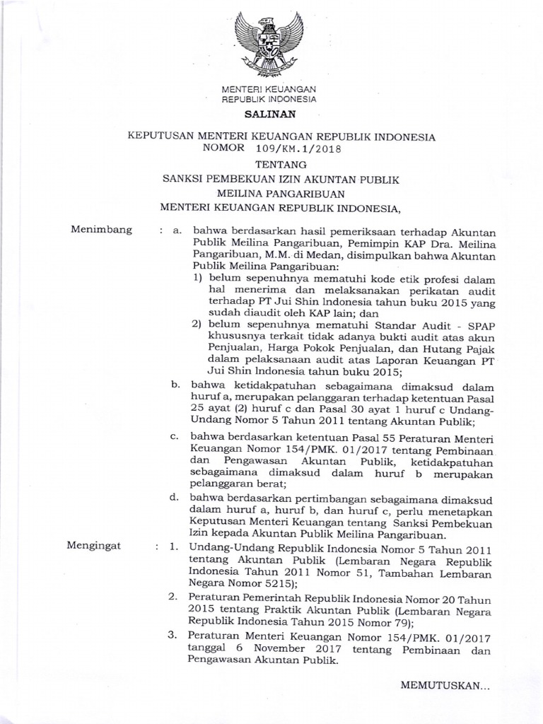 Sanksi Pembekuan Izin Akuntan Publik | PDF