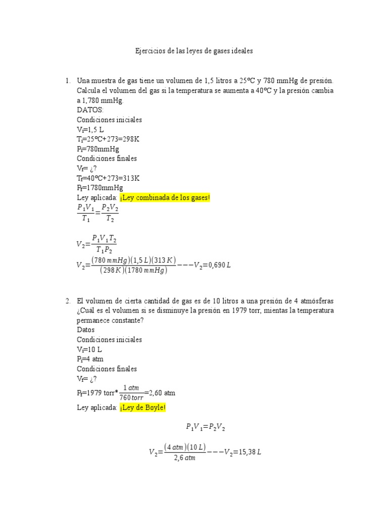 Ejercicios de leyes de gases ideales | PDF | Gases | Materiales ...