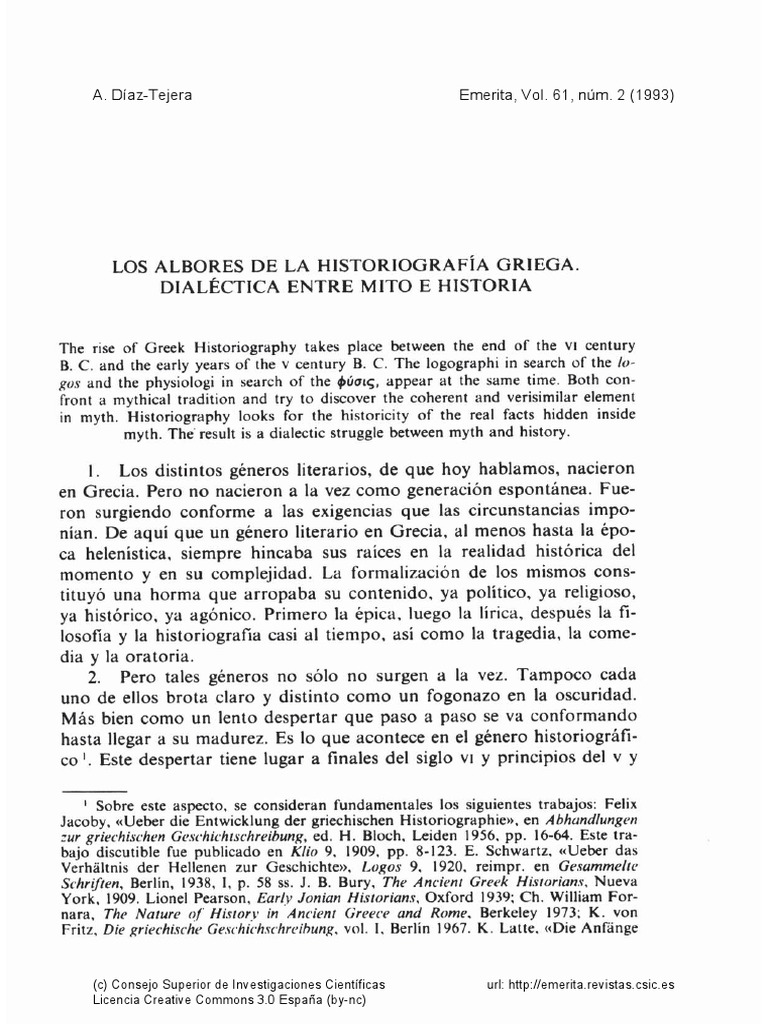 Los Albores de La Historiografía Griega. Dialéctica Entre Mito e Historia PDF | PDF | Creative ...