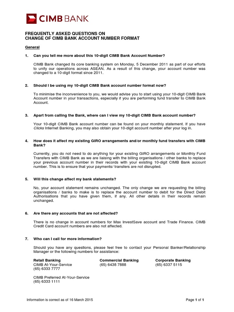 Faq Change of Cimb Bank Account Number Format 20150316 PDF | PDF ...