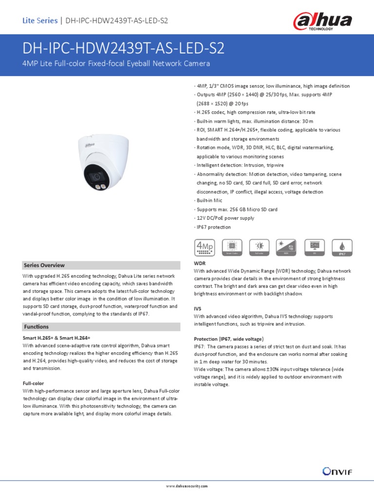 DH-IPC-HDW2439T-AS-LED-S2: 4MP Lite Full-Color Fixed-Focal Eyeball Network Camera | PDF | Camera ...