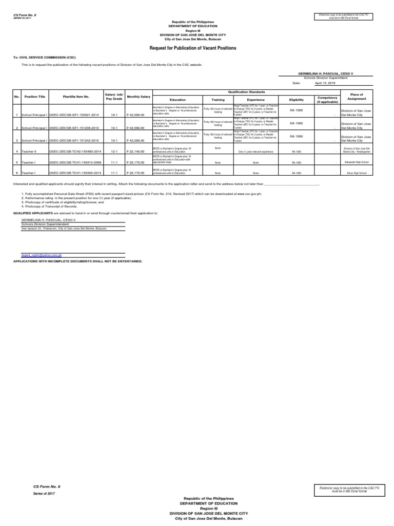 Request For Publication of Vacant Positions: CS Form No. 9 | Download ...