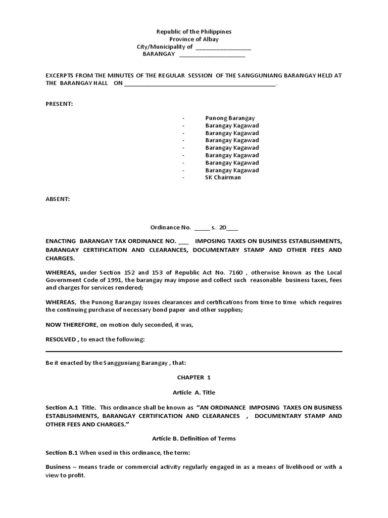 Model Barangay Tax Ordinance | PDF | Fee | Taxes