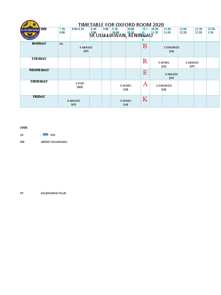 Oxford Room 2020 Timetable | PDF