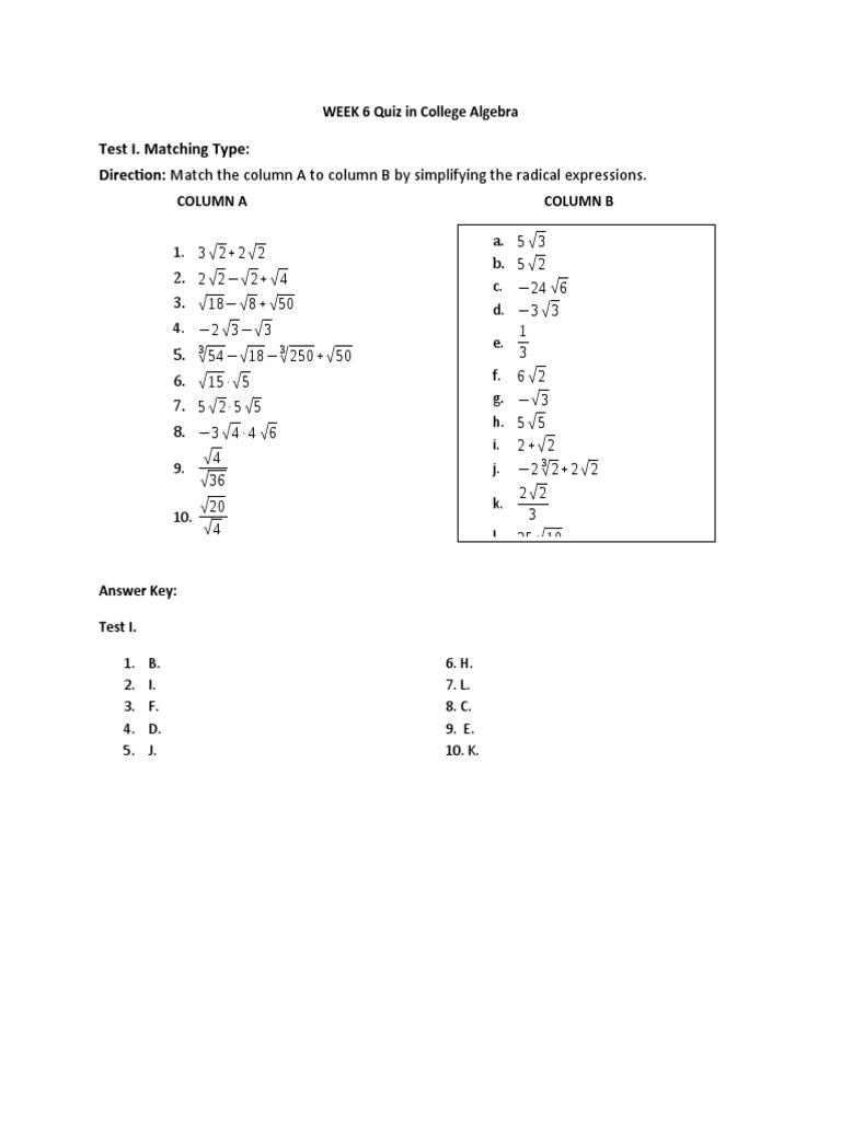 WEEK 6 Quiz in College Algebra | PDF | Algebra | Teaching Mathematics