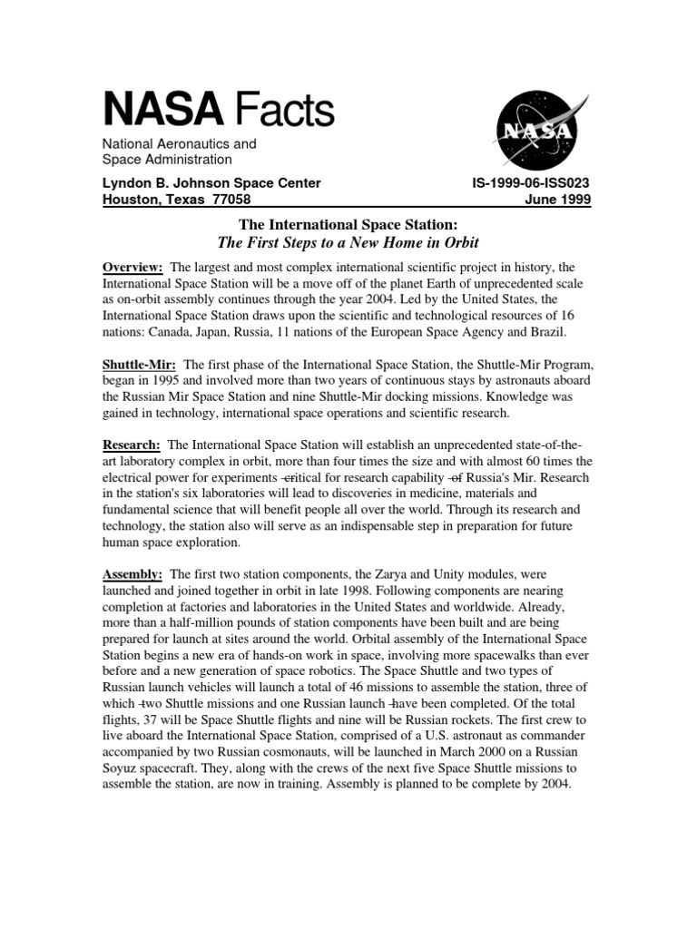 NASA Facts The International Space Station The First Steps To A New ...