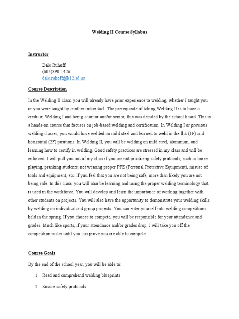 Ruhoff - Welding II Course Syllabus | PDF | Welding | Construction