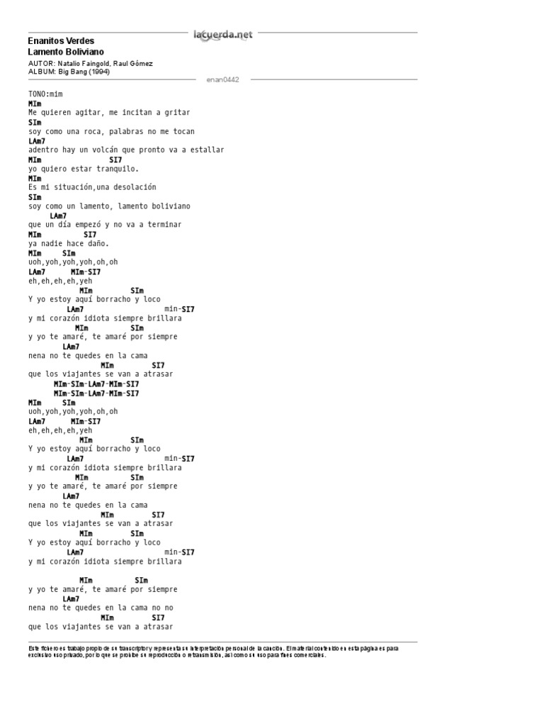 Enanitos Verdes, Lamento Boliviano - Letra y Acordes PDF | PDF