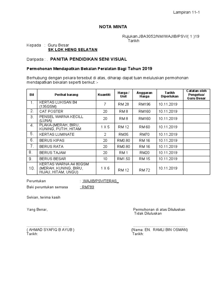 Nota Minta PSV 2019 | PDF