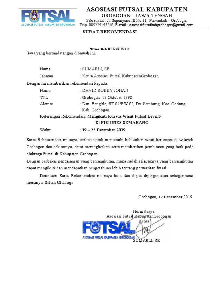 Surat Rekomendasi Kursus Wasit Futsal | PDF | Olahraga & Rekreasi