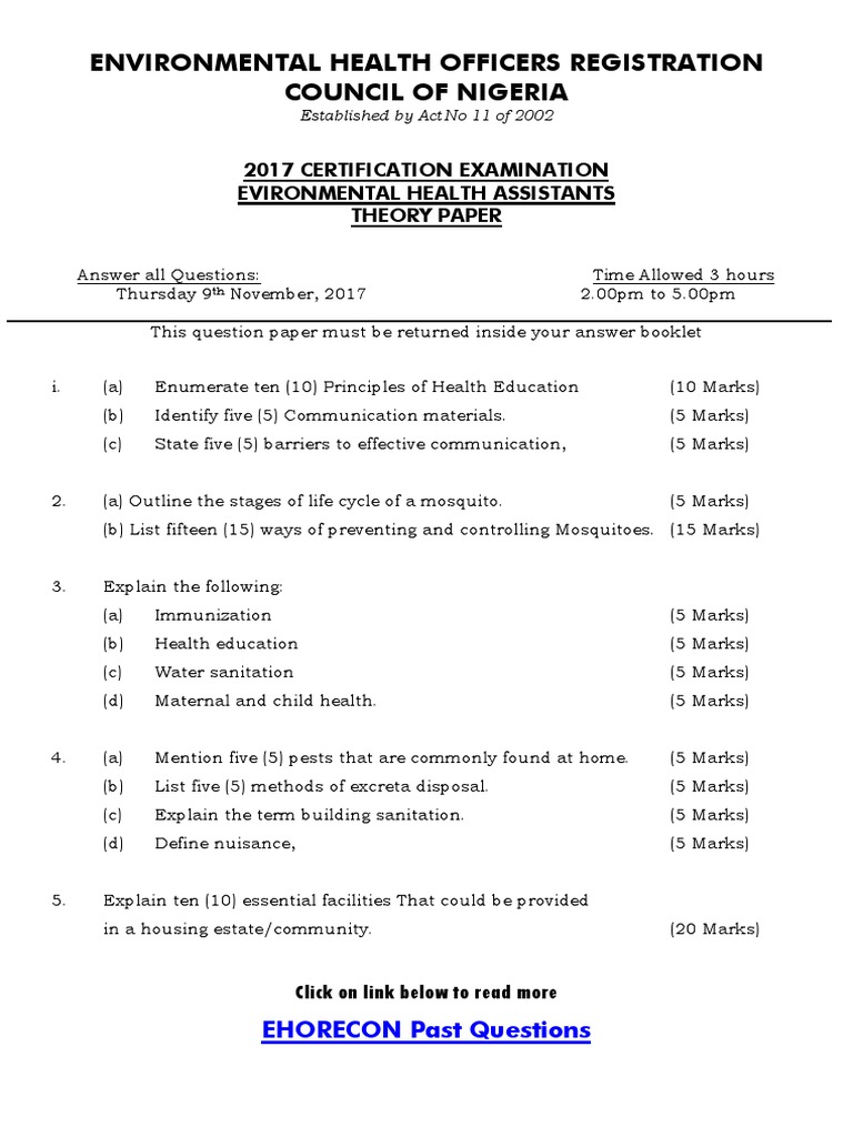 Free EHORECON Past Questions For Environmental Health AssistantS EHO ...