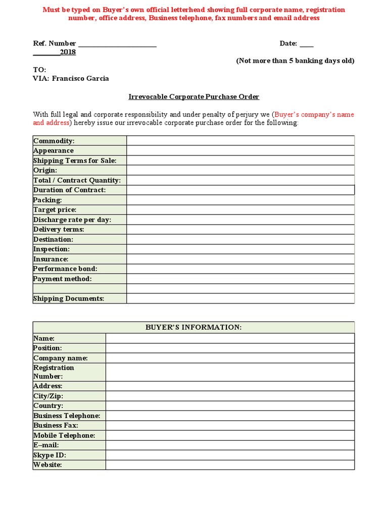 Irrevocable Corporate Purchase Order Template | PDF | Business ...