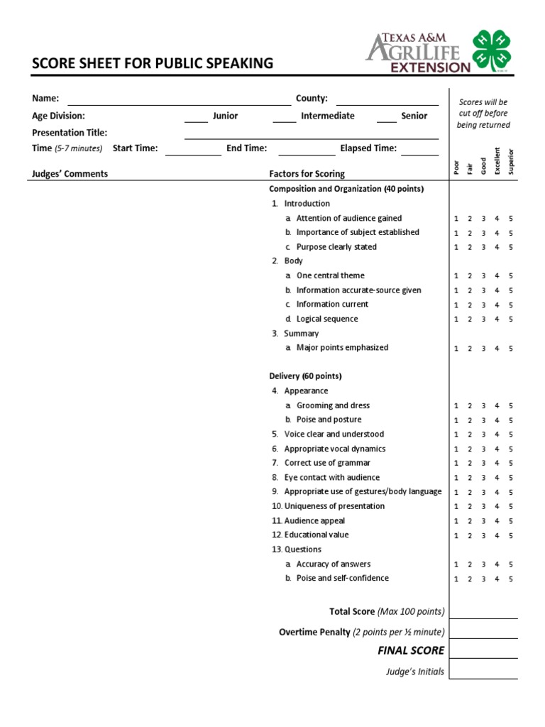 Score Sheet For Public Speaking | PDF | Communication | Human Communication