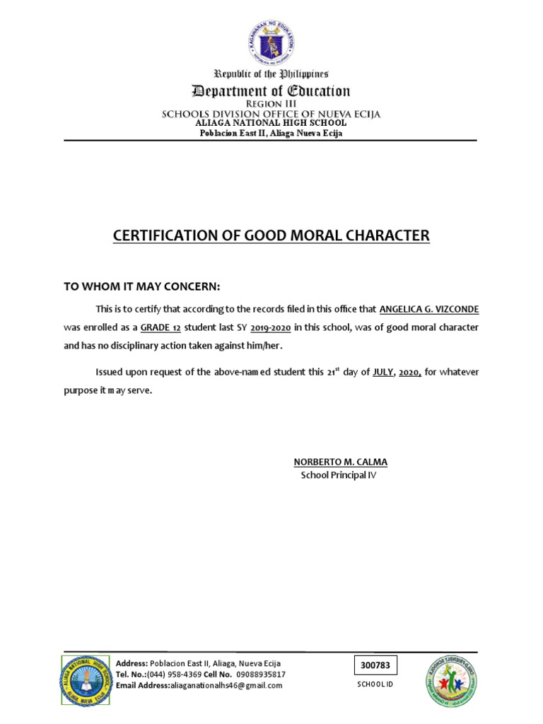 Certification of Good Moral Character: To Whom It May Concern | PDF