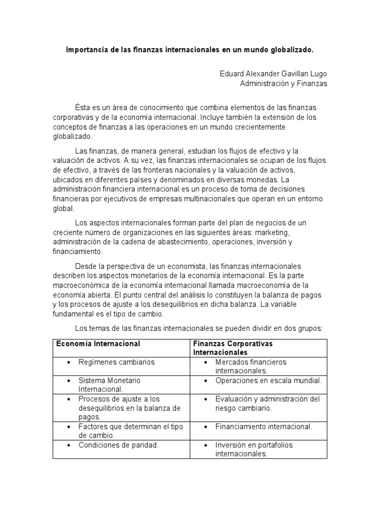 Importancia de Las Finanzas Internacionales en Un Mundo Globalizado ...