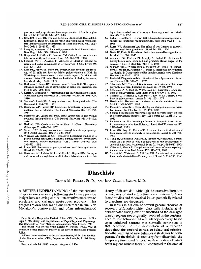 Diaschisis: Red Blood Cell Disorders and Stroke/Gro/Ta Et Al 817 | PDF ...
