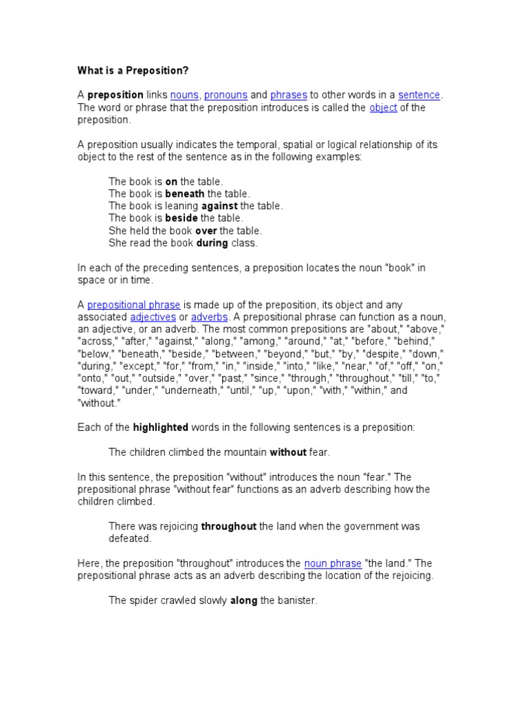Nouns Pronouns Phrases Sentence Object: What Is A Preposition? | PDF ...
