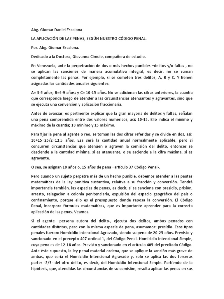 Aplicacion De Las Penas Pdf Homicidio Castigos 6856