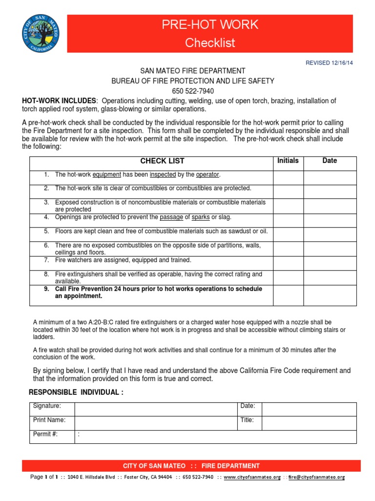 FIRE PERMIT - HOT WORKS Checklist | PDF | Fire Safety | Fires