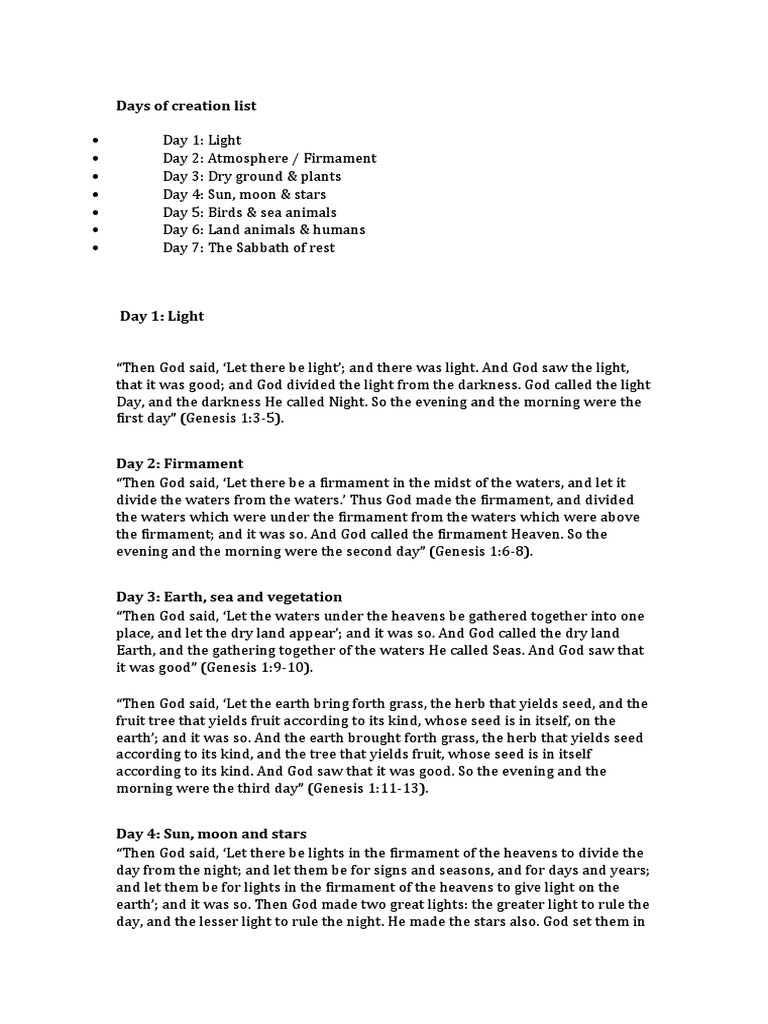 Days of Creation List | PDF | Genesis Creation Narrative | Nature