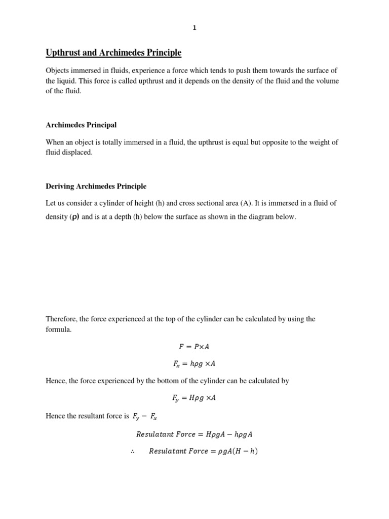 Deriving Archimedes' Upthrust Formula | PDF | Buoyancy | Force