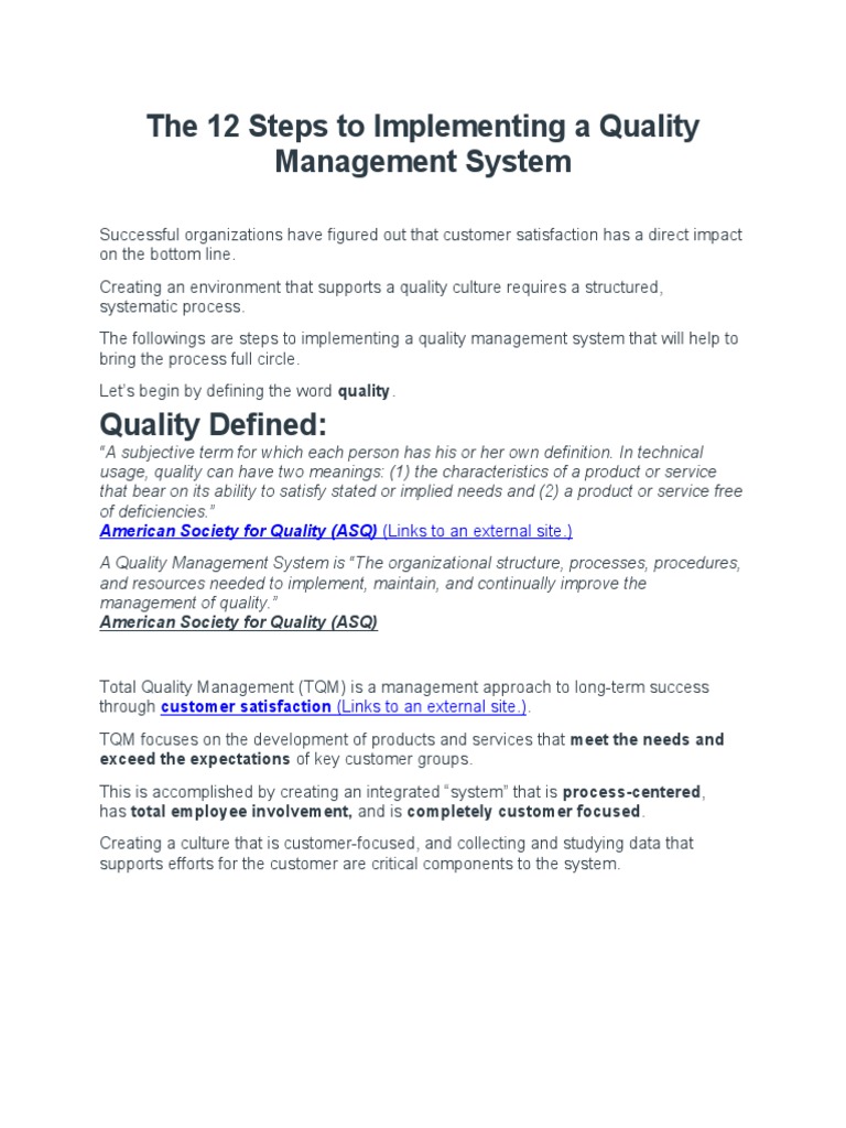 The 12 Steps To Implementing A Quality Management System | PDF | Goal ...