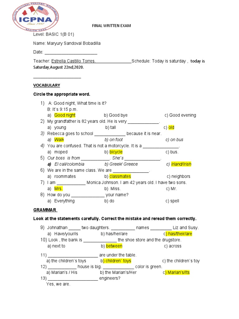Basic English Exam for Beginners | PDF | Linguistic Typology | Language ...