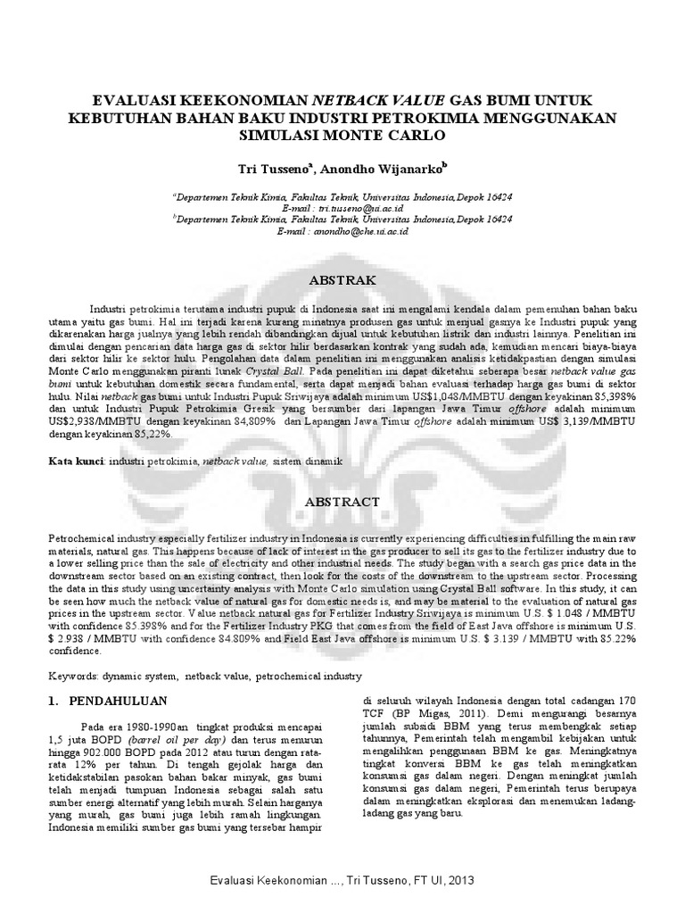 Evaluasi Keekonomian Netback Value Gas Bumi Untuk Kebutuhan Bahan Baku ...