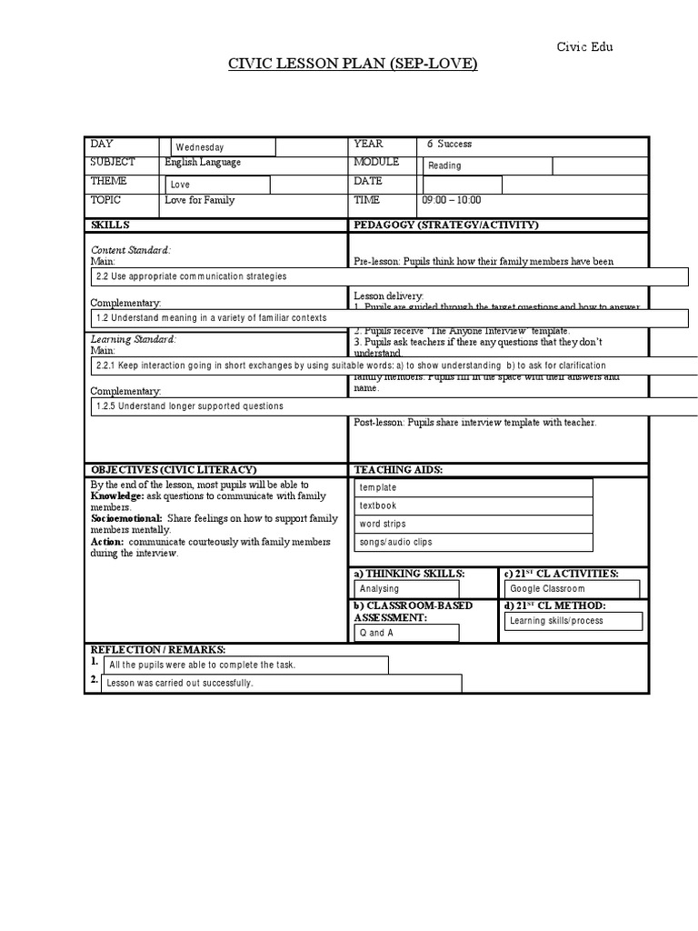 Civic Lesson Plan (Sep-Love) | PDF | Lesson Plan | Education Theory