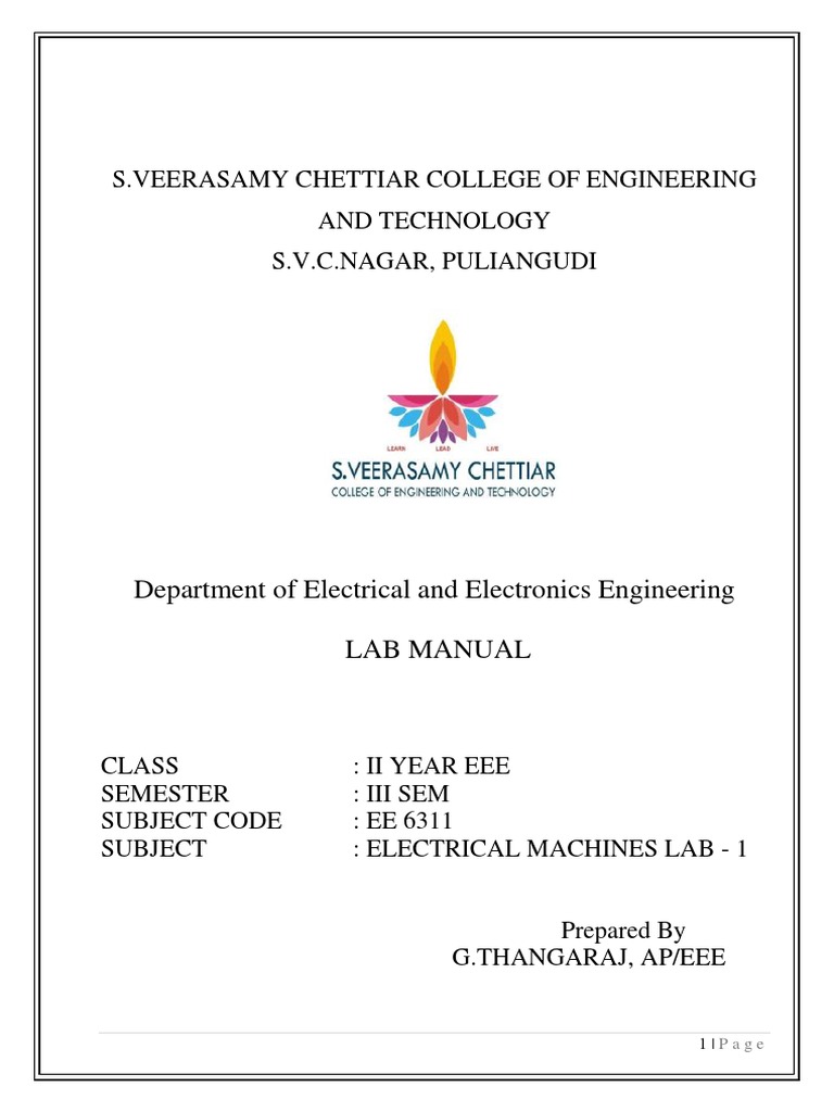 EE8311 Electrical Machines Lab - 1 Manual PDF | PDF | Electric Motor ...