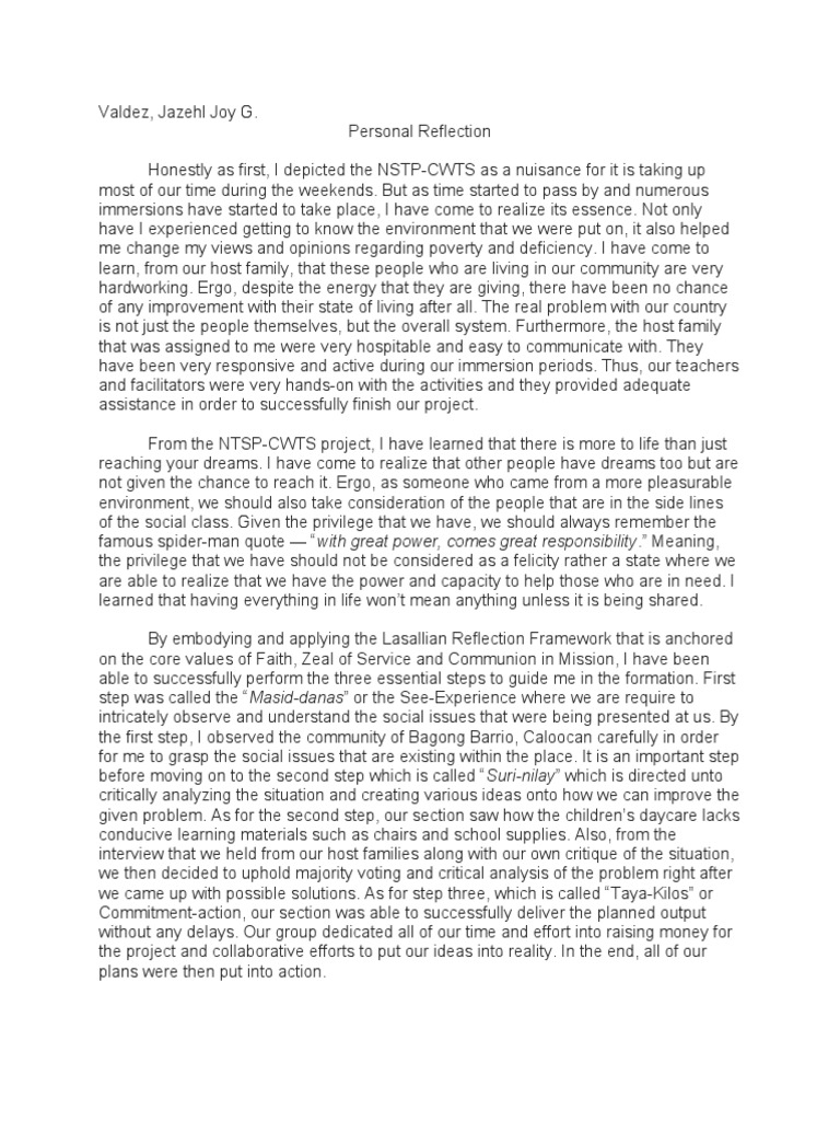 NSTP-CWTS Reflection | PDF | Cognition | Learning