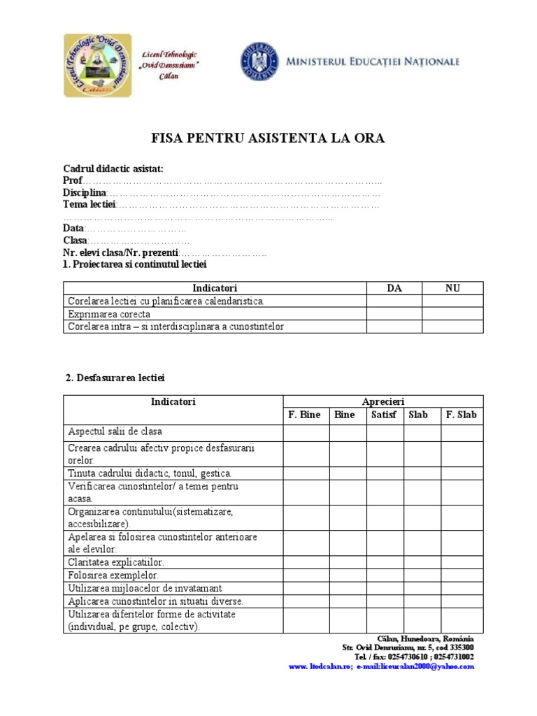 Fisa Pentru Asistenta La Ora | PDF