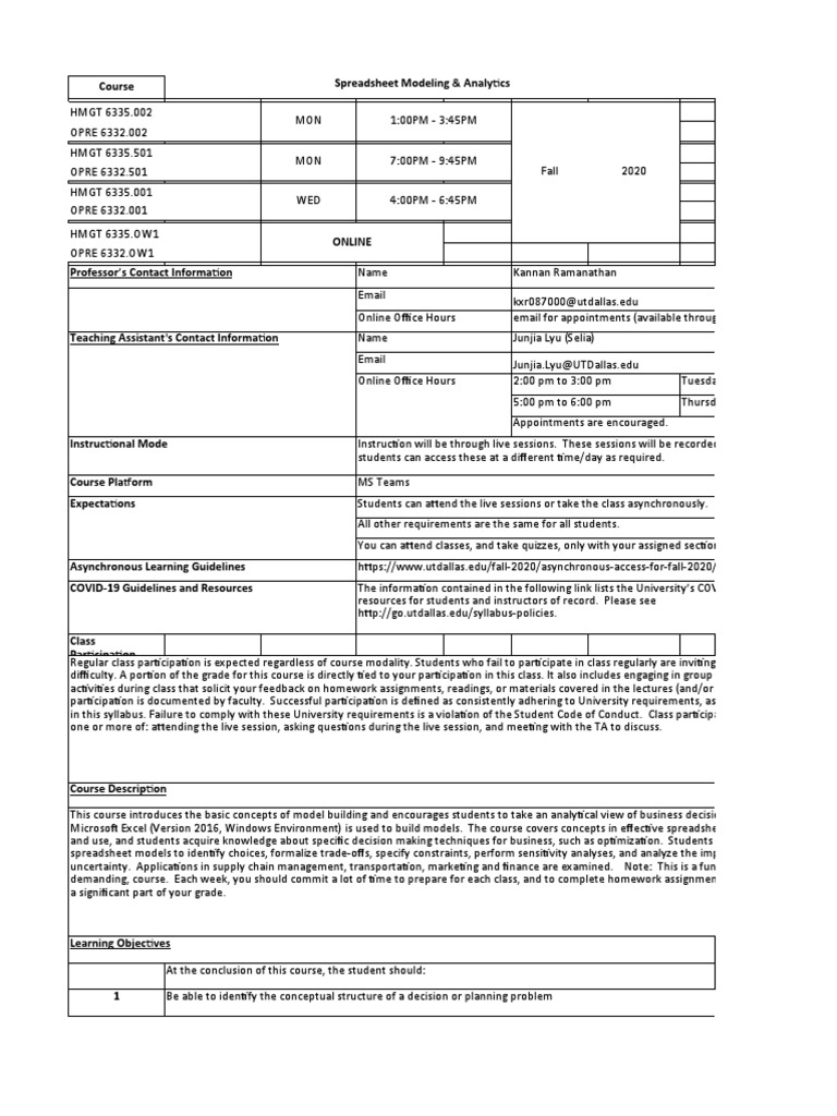 F20 HMGT 6335 OPRE 6332 Spreadsheet Modeling SYLLABUS | PDF | Microsoft ...