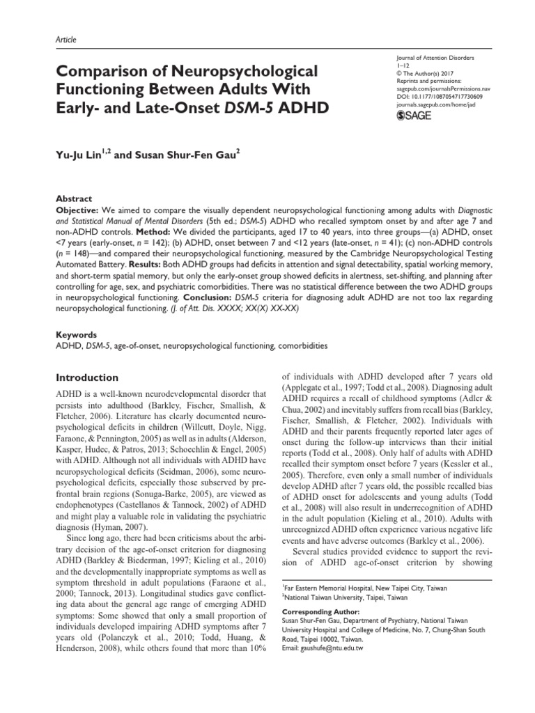 Comparison of Neuropsychological Functioning Between Adults With Early-And Late-Onset DSM-5 ADHD ...